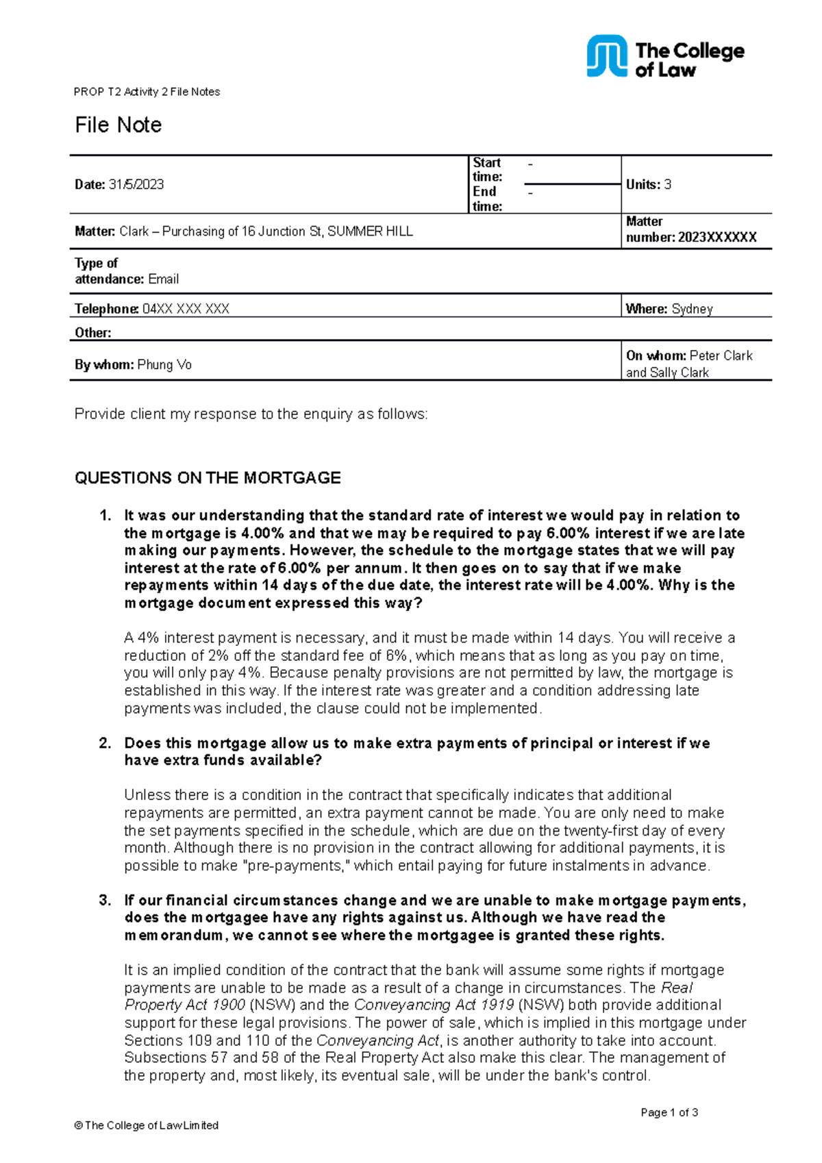 PROP T2 A1 file note - File Note - PROP T2 Activity 2 File Notes File ...