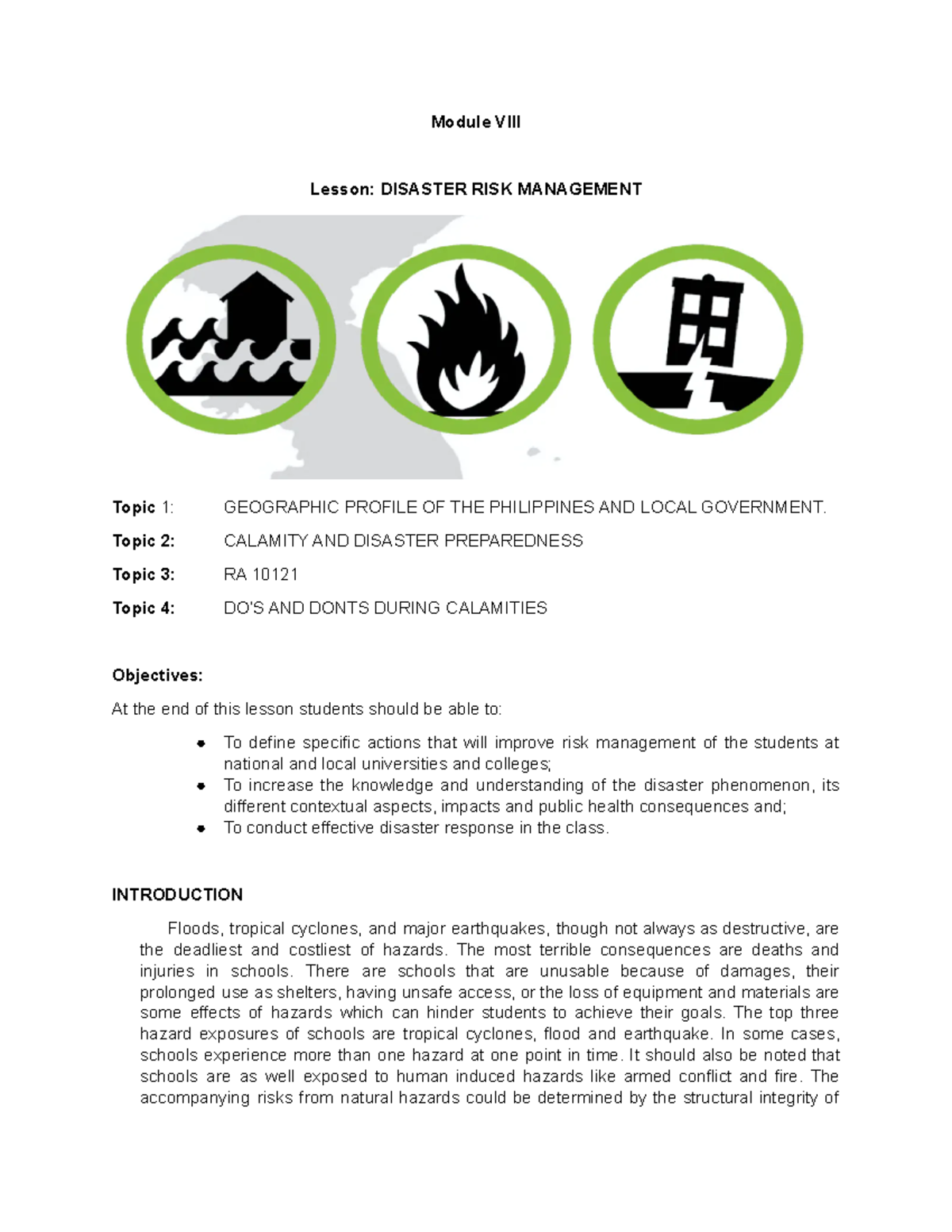 Week 10 Disaster-RISK- Management - Module VIII Lesson: DISASTER RISK ...