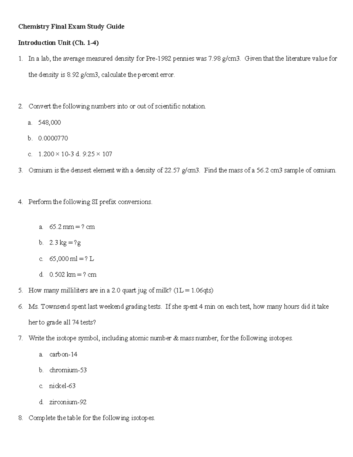 Chemistry Final Exam Study Guide S2014 - Chemistry Final Exam Study ...