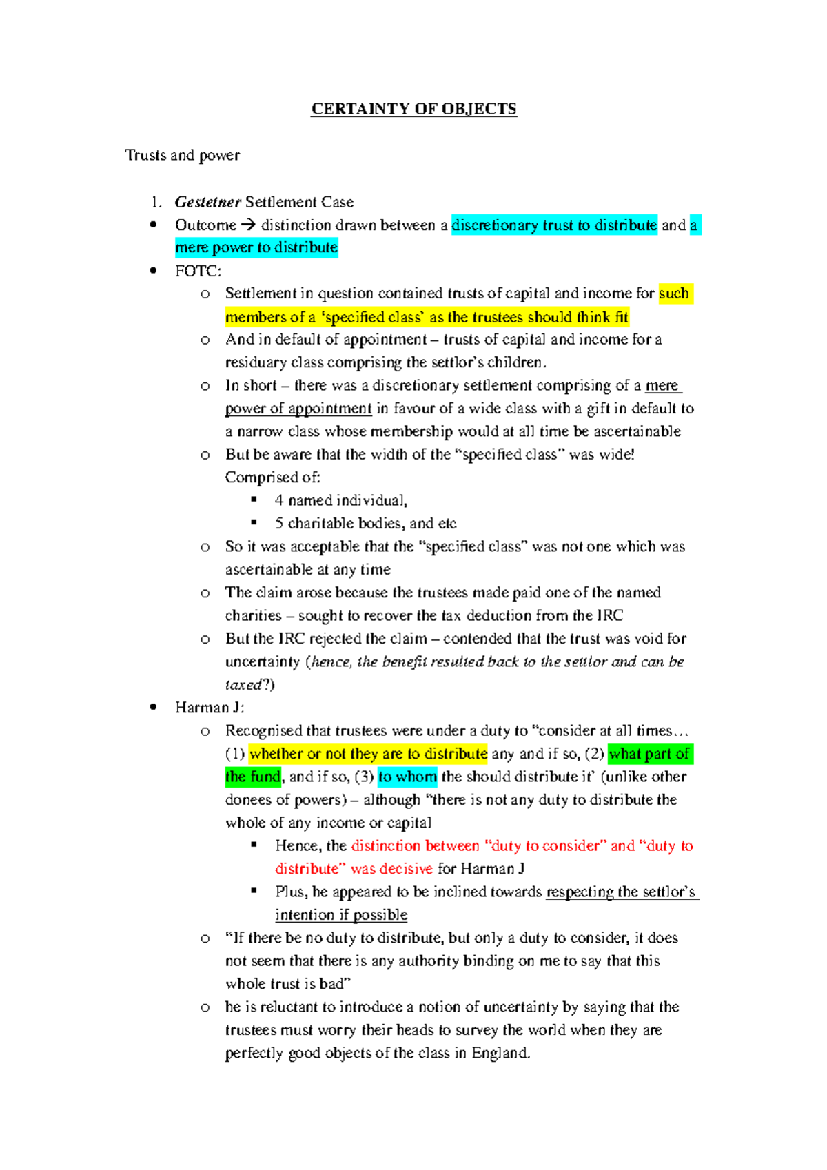 Trusts - Certainty of Object - CERTAINTY OF OBJECTS Trusts and power 1. Gestetner Settlement ...