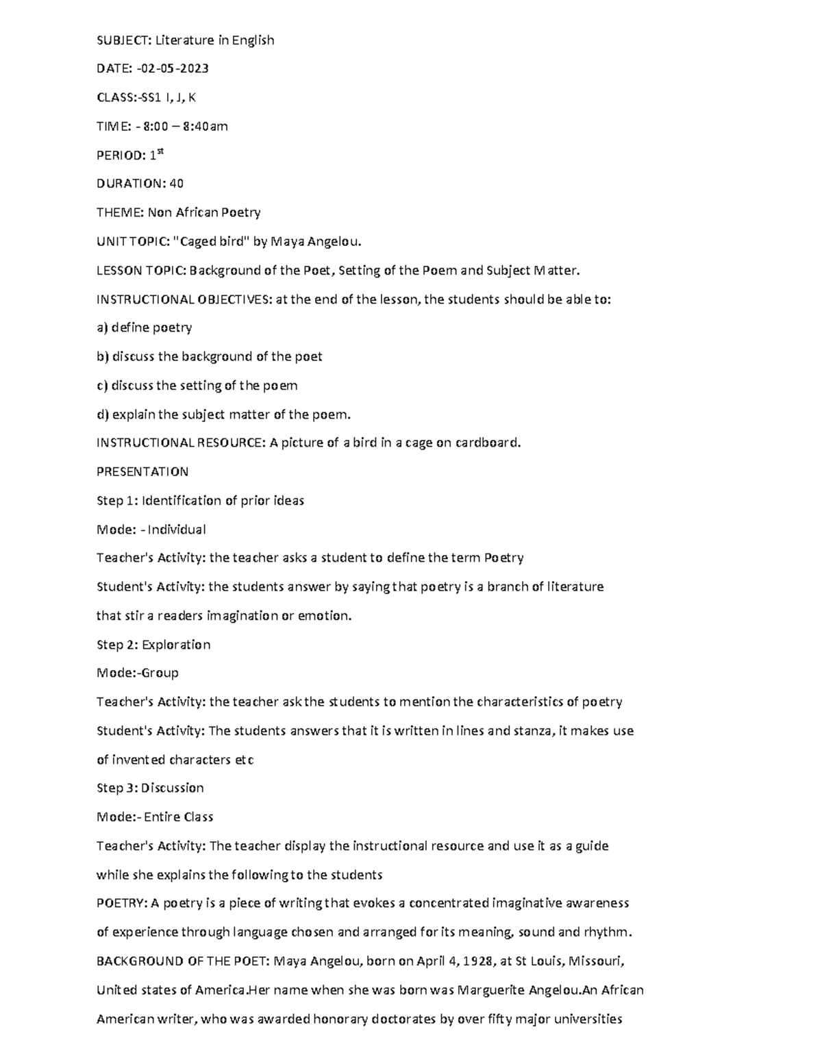 12204 Literature IN English lesson plan fisrt week - SUBJECT ...