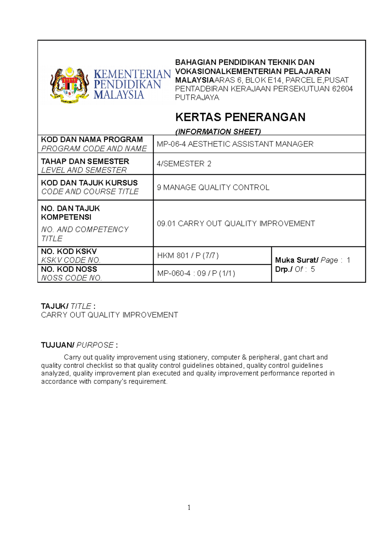Kertas penerangan manage quality control - KOD DAN NAMA PROGRAM PROGRAM ...