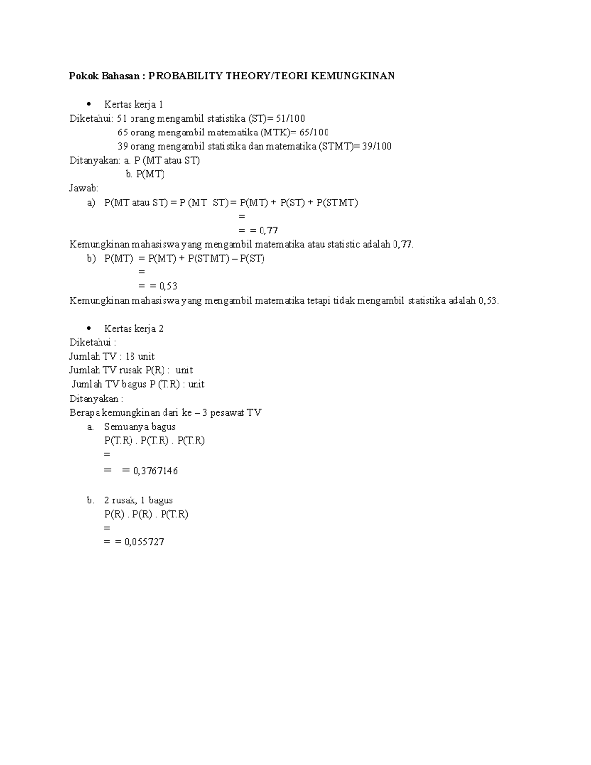 LAB Statistik Modul 2 - Pokok Bahasan : PROBABILITY THEORY/TEORI ...
