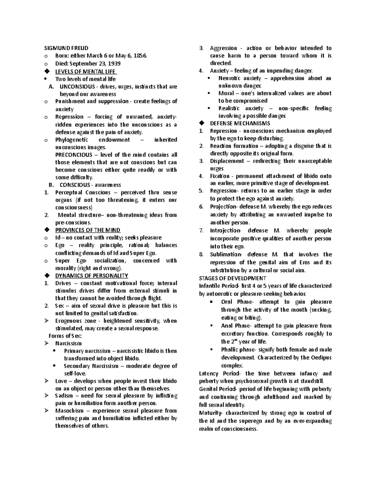 1 Sigmund Freud - Lecture notes 1 - SIGMUND FREUD o Born: either March ...