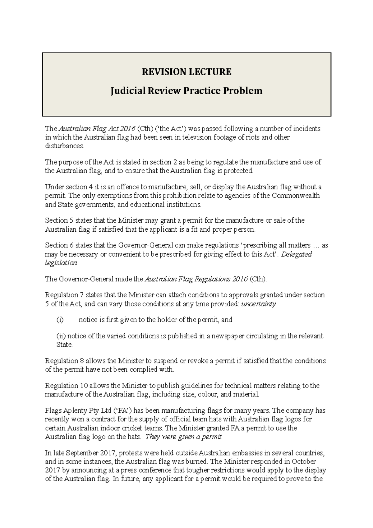 Lecture 20 - Revision problem - REVISION LECTURE Judicial Review ...