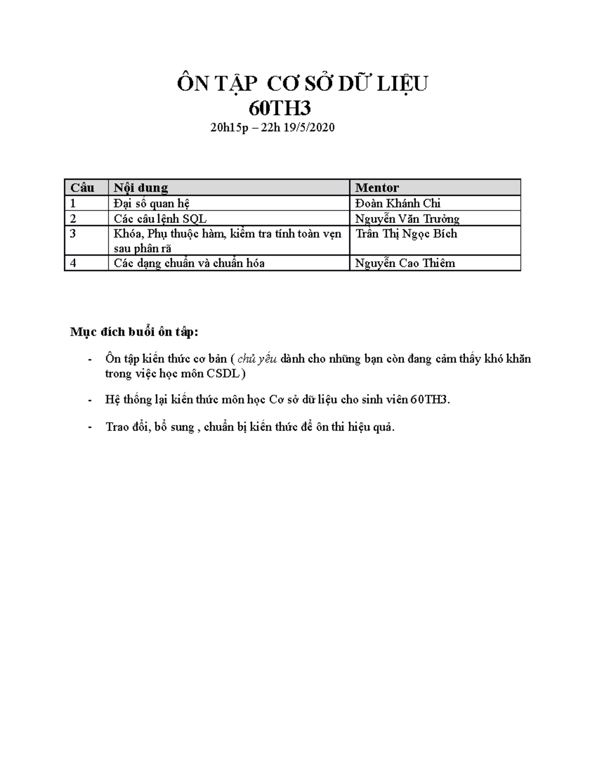 CSDL 60TH3 - ÔN TẬP CƠ SỞ DỮ LIỆU 60TH 20h15p – 22h 19/5/ Câu Nội dung Mentor 1 Đại số quan hệ ...