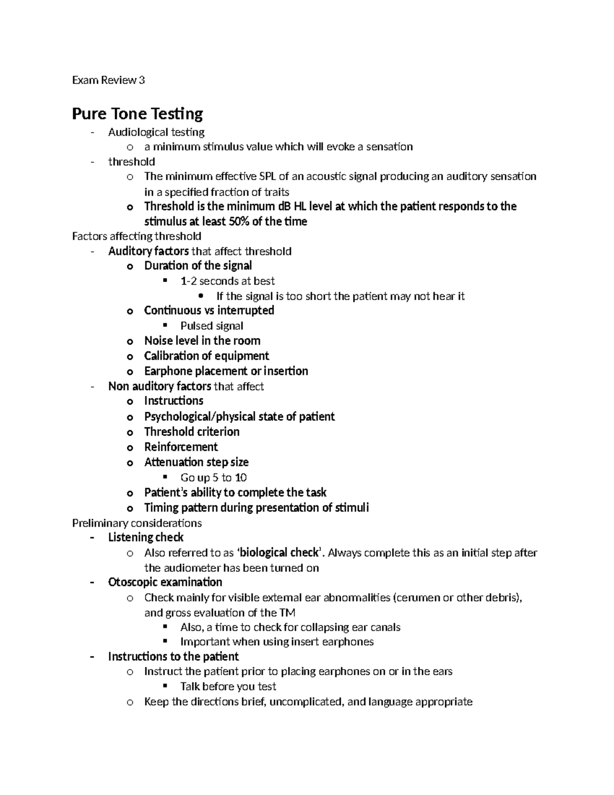 Exam Review 3 - Summary Hearing And Balance I - Exam Review 3 Pure Tone ...