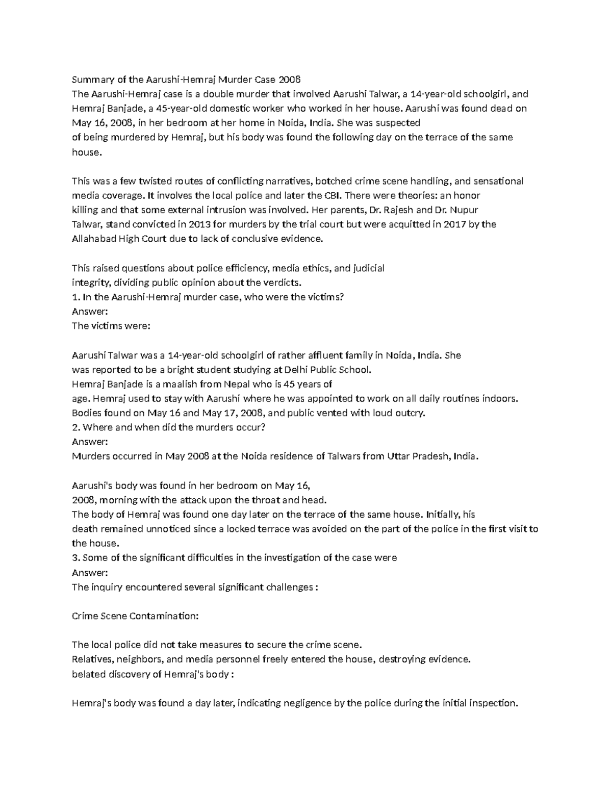 English crime aarushi hemraj mureder - Summary of the Aarushi-Hemraj ...