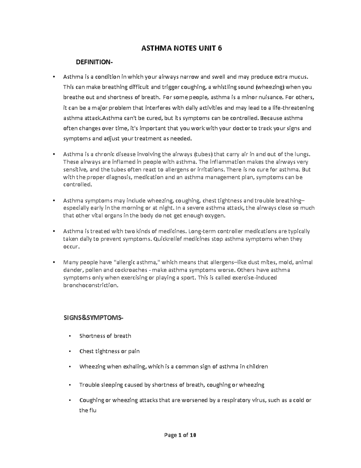 Asthma Notes UNIT 6 - ASTHMA NOTES UNIT 6 DEFINITION- Asthma is a ...