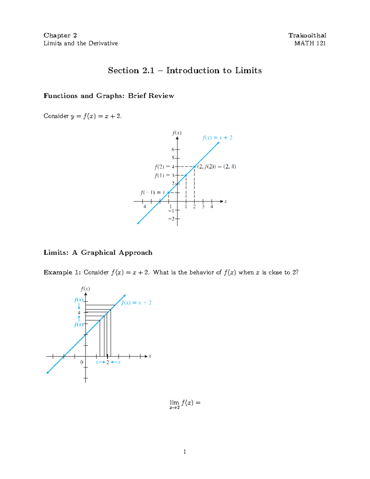 Chapter 2 Notes - Chapter 2 Limits and the Derivative Trakoolthai MATH ...