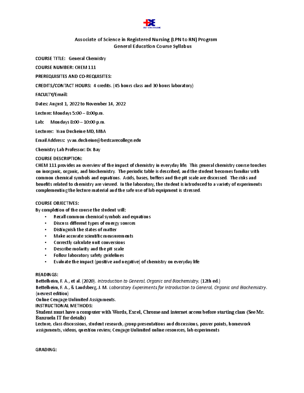 Semester 1 Chem 111 Syllabus Revised 8-1-22 - Associate of Science in ...