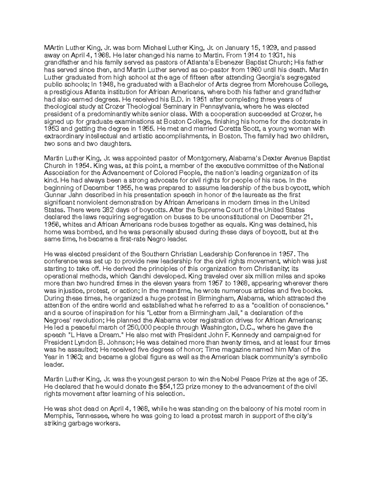 MLK - research - MArtin Luther King, Jr. was born Michael Luther King ...