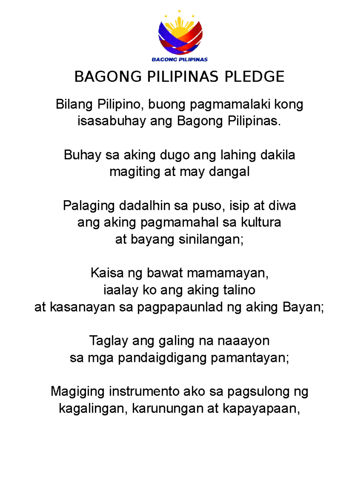 Bagong Pilipinas Pledge - BAGONG PILIPINAS PLEDGE Bilang Pilipino ...
