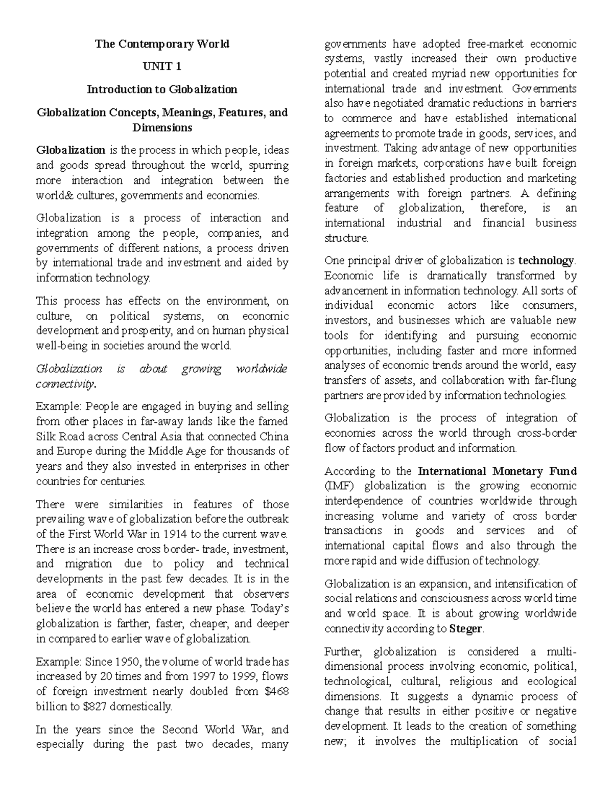 The Contemporary World - The Contemporary World UNIT 1 Introduction to ...