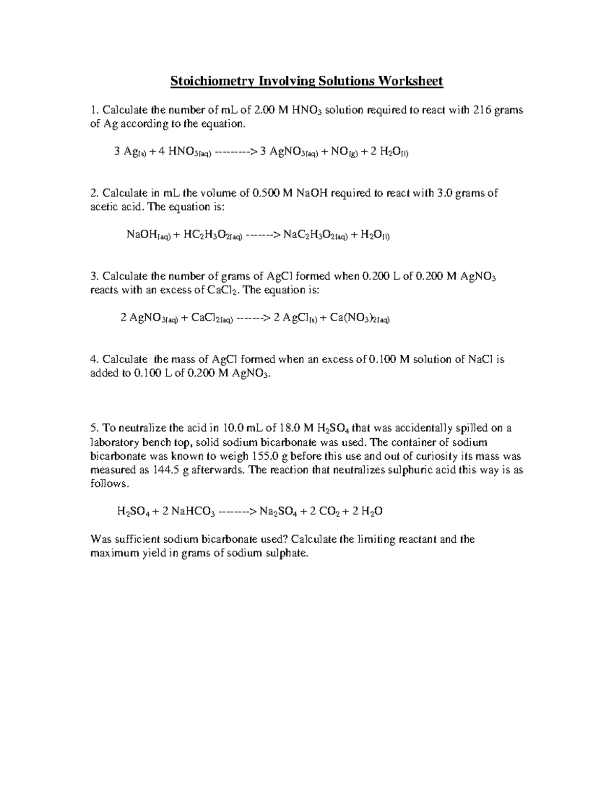 04- Worksheet Stoichiometry Involving Solutions - Stoichiometry Involving Solutions Worksheet ...