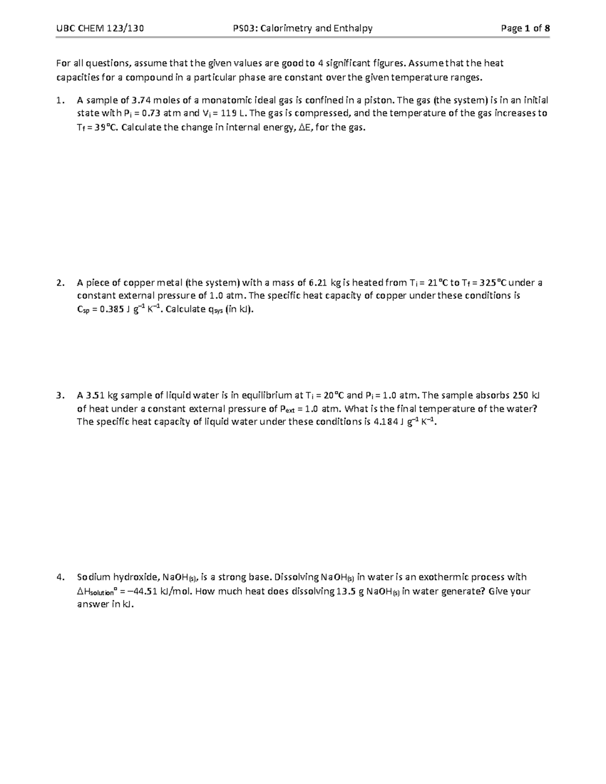 PS03 Calorimetry Enthalpy 2023S2 - For all questions, assume that the ...