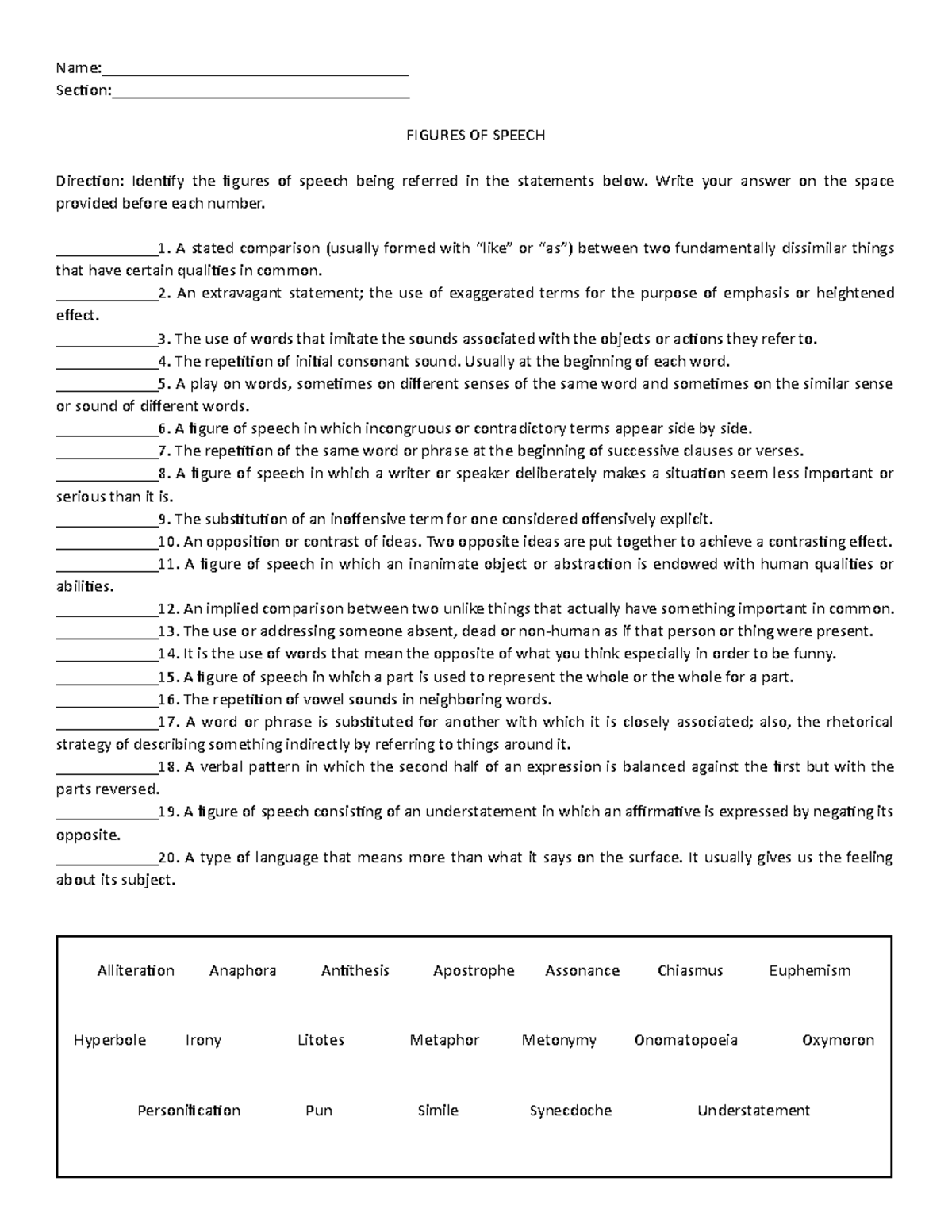 Figure of speech quiz - FOR FUTURE REFERENCES - Name