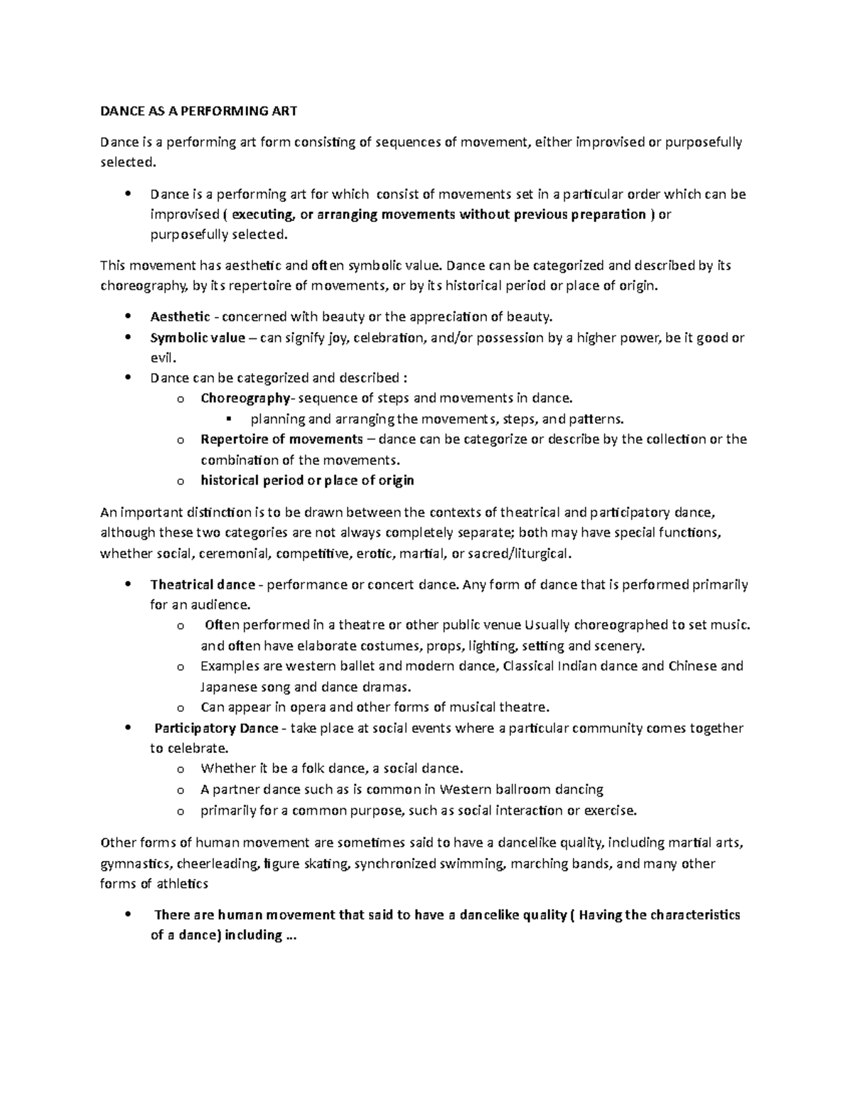 Art Dance Report - DANCE AS A PERFORMING ART Dance is a performing art ...