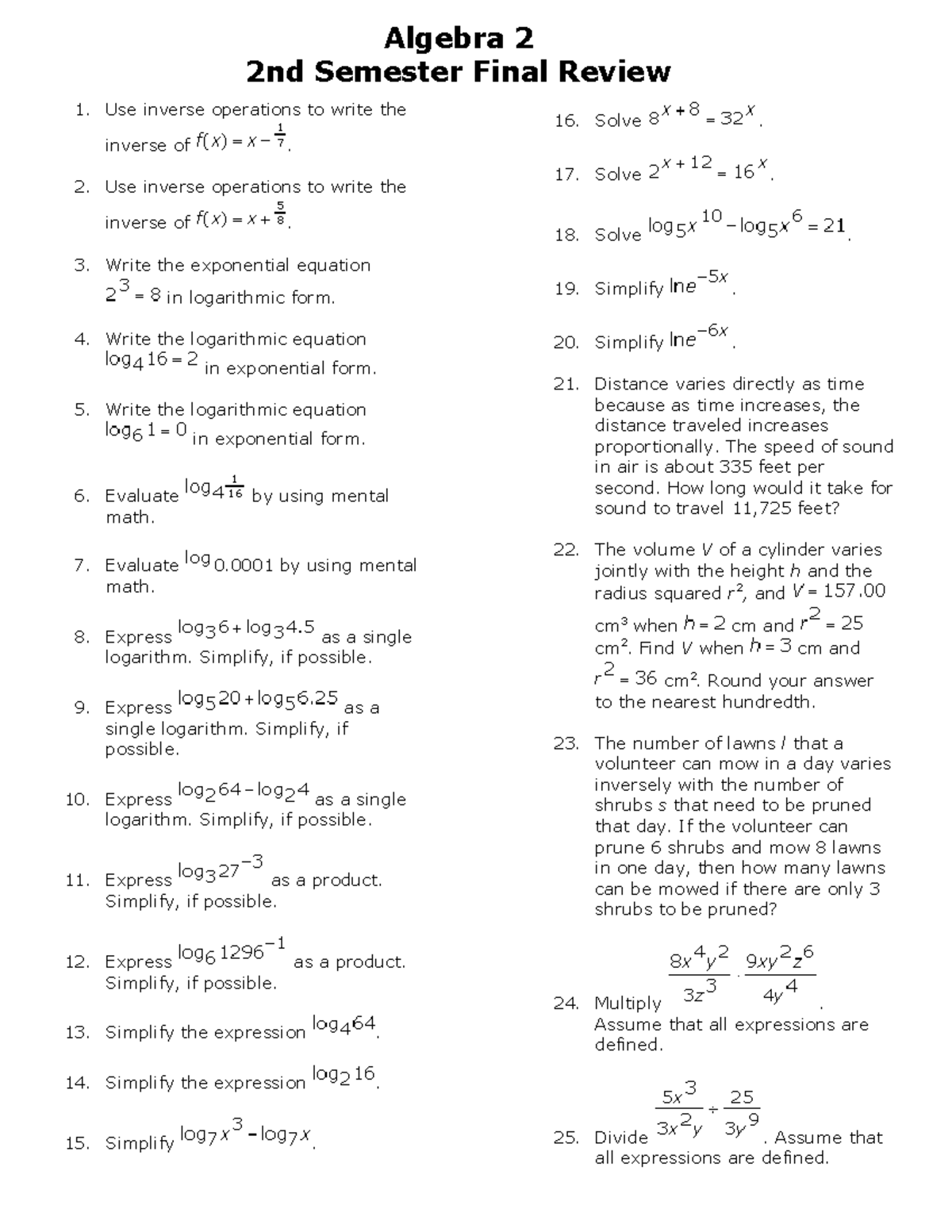 Algebra II Final Exam 2nd sem A - 1. Use inverse operations to write ...