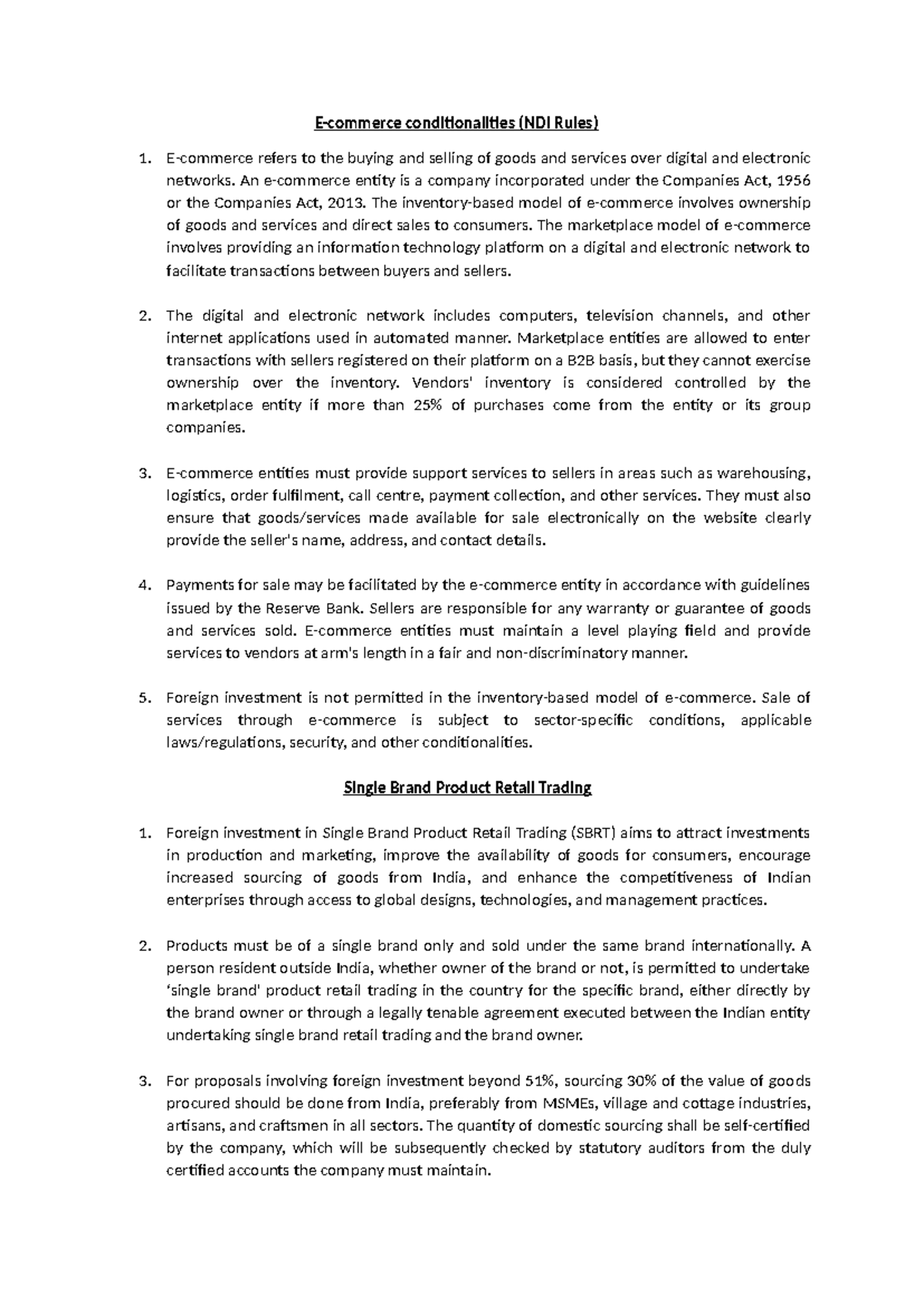 Conditionalities NDI Rules - E-commerce conditionalities (NDI Rules) E ...