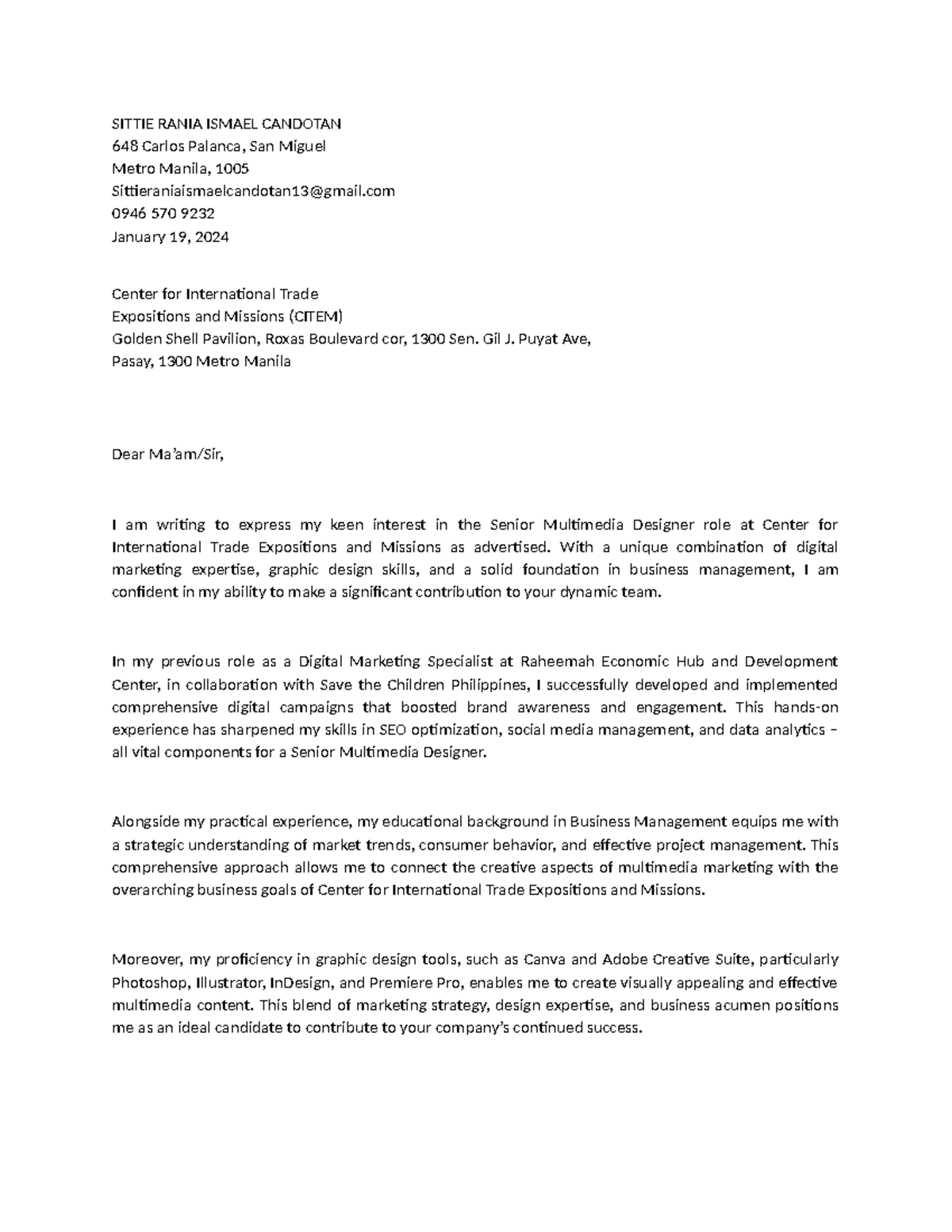 Cover Letter - Senior Multimedia Designer - SITTIE RANIA ISMAEL ...