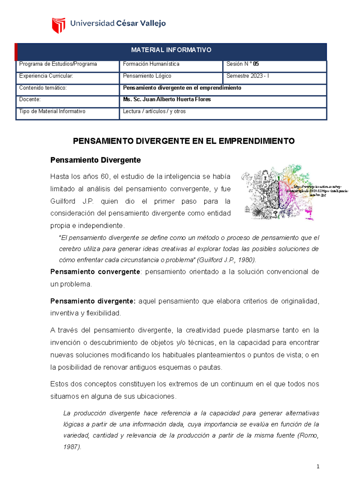 Pensamiento divergente en el emprendimiento - Sesión 5 - MATERIAL ...