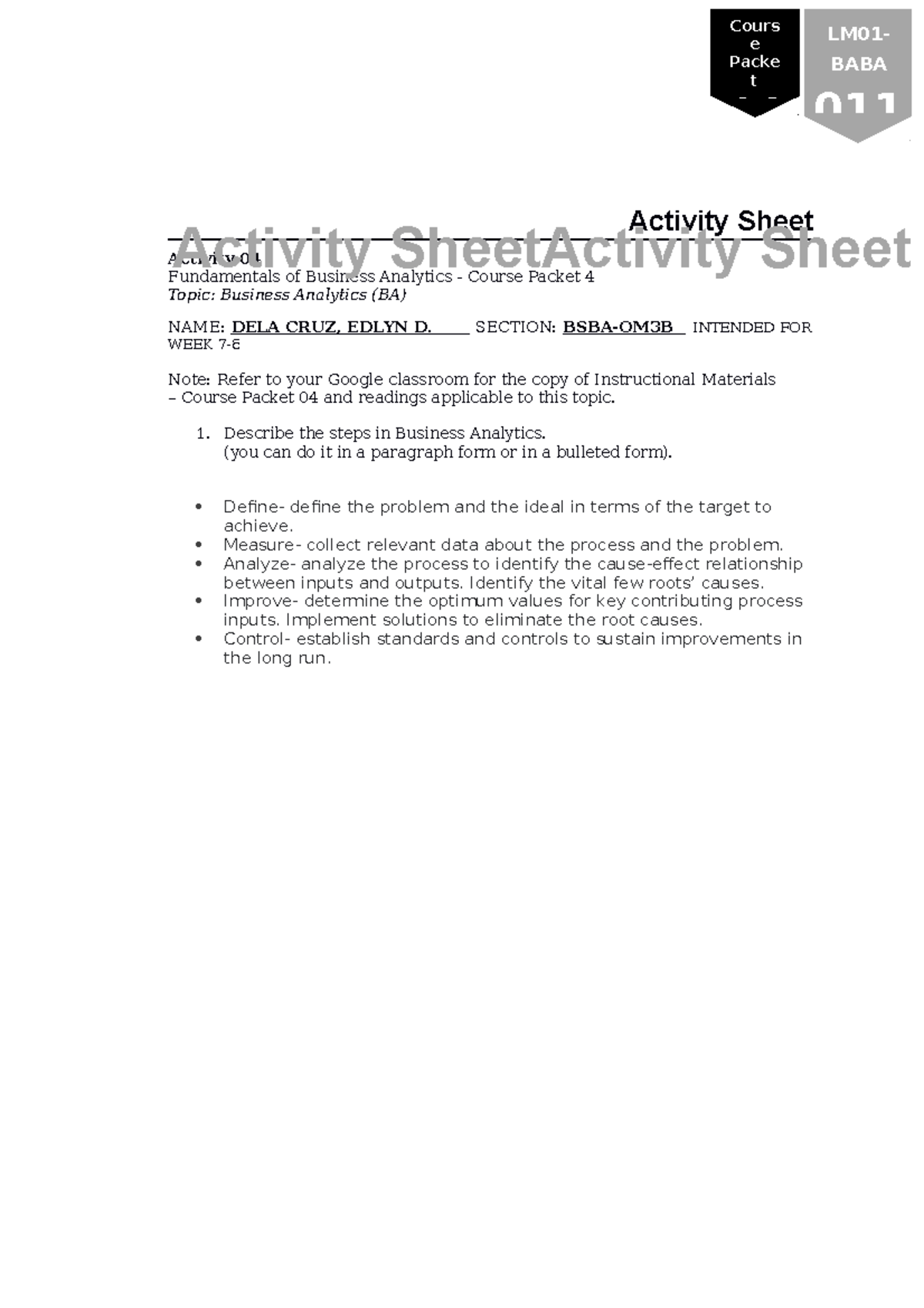 Activity Sheet 04 - Activity Sheet Activity 04 Fundamentals of Business ...