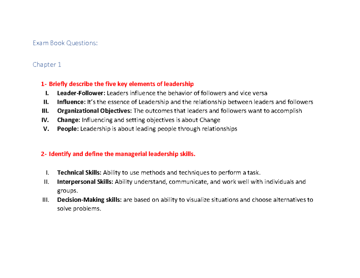 Merged Leadership Questions - Exam Book Questions: Chapter 1 1- Briefly ...