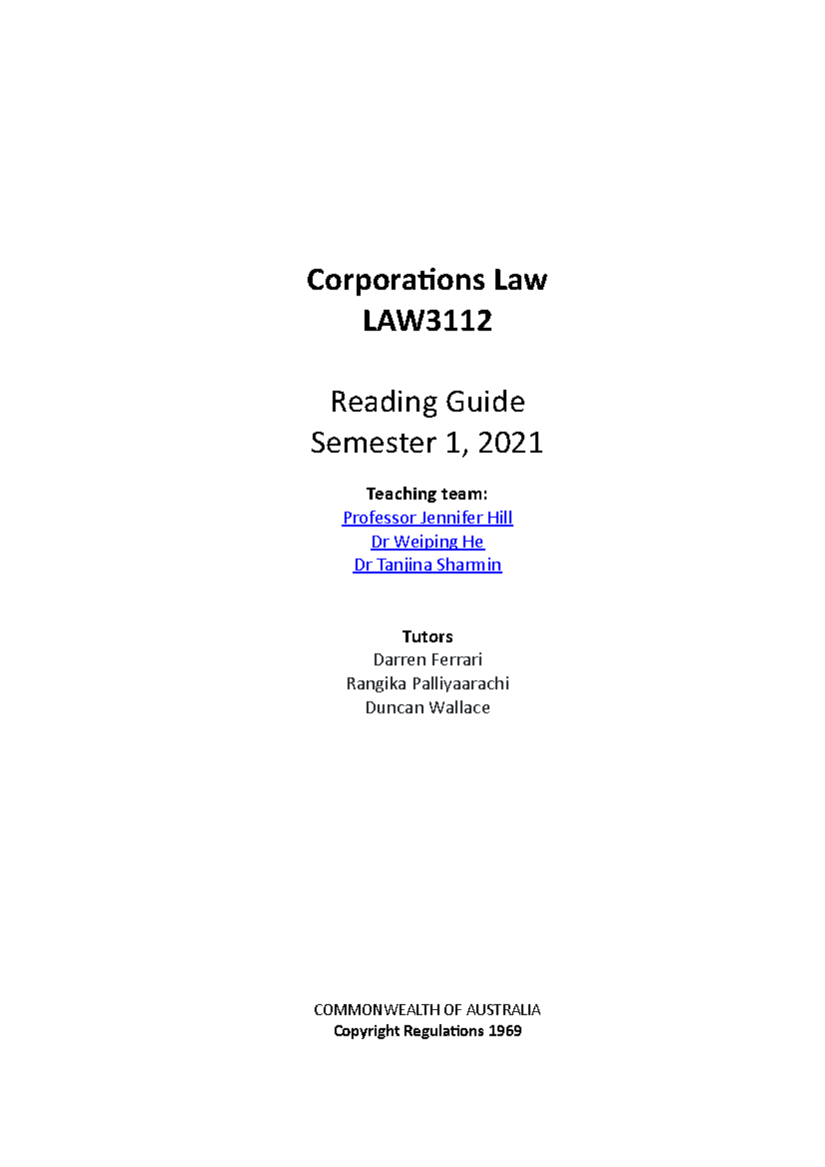 Corps Reading Guide Corporations Law 3112 - S1 2021 - Corporations Law ...