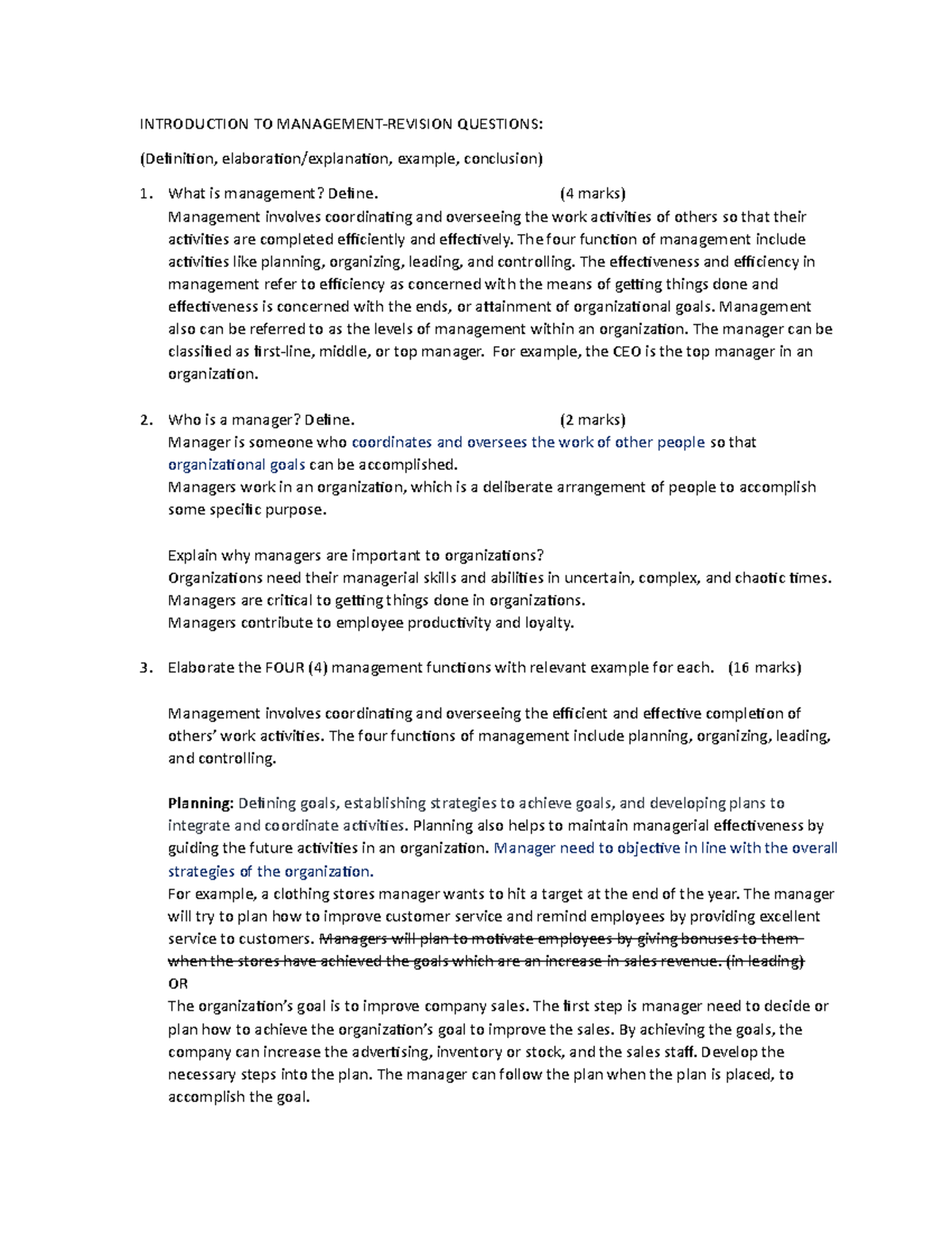 Revision introduction to management - INTRODUCTION TO MANAGEMENT ...