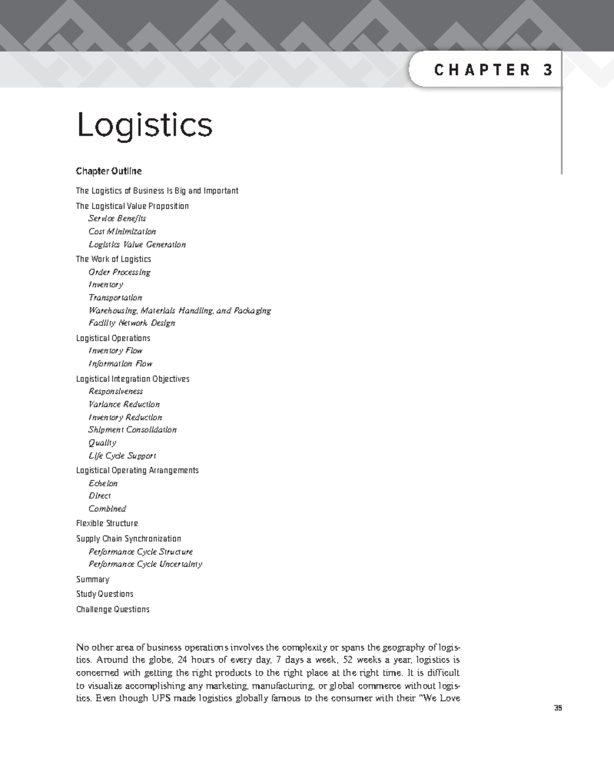 S3 Logistics - logistic - ####### 35 C H A P T E R 3 Logistics Chapter Outline The Logistics of ...