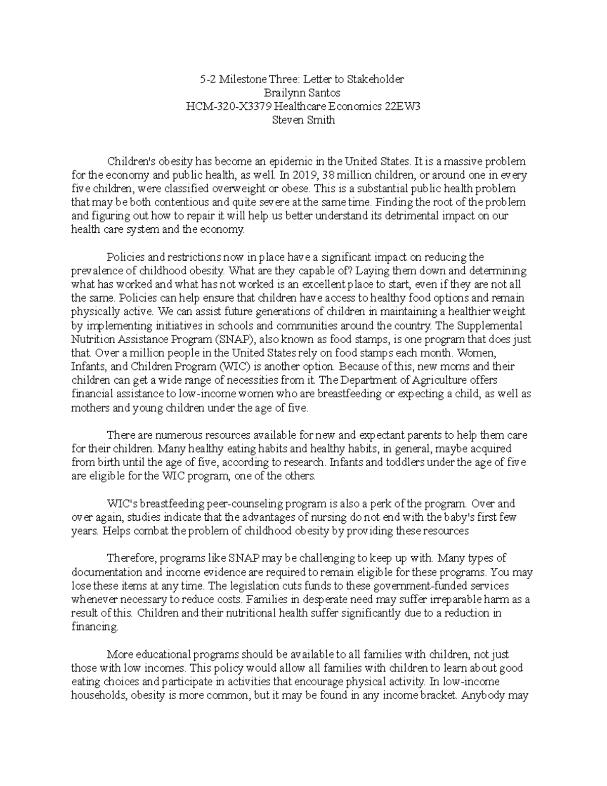 Letter to stakeholder - 5-2 Milestone Three: Letter to Stakeholder ...