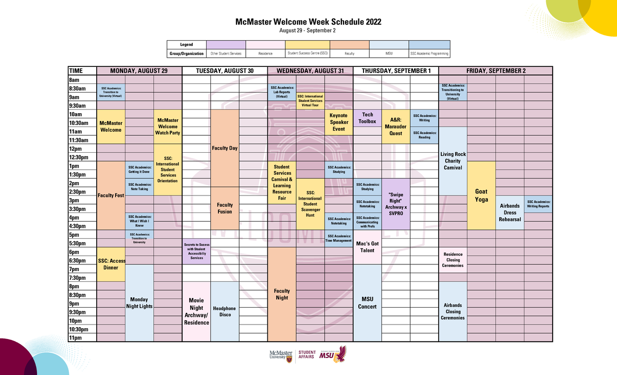 Mc Master Welcome Week 2022 Schedule 1 - McMaster Welcome Week Schedule ...
