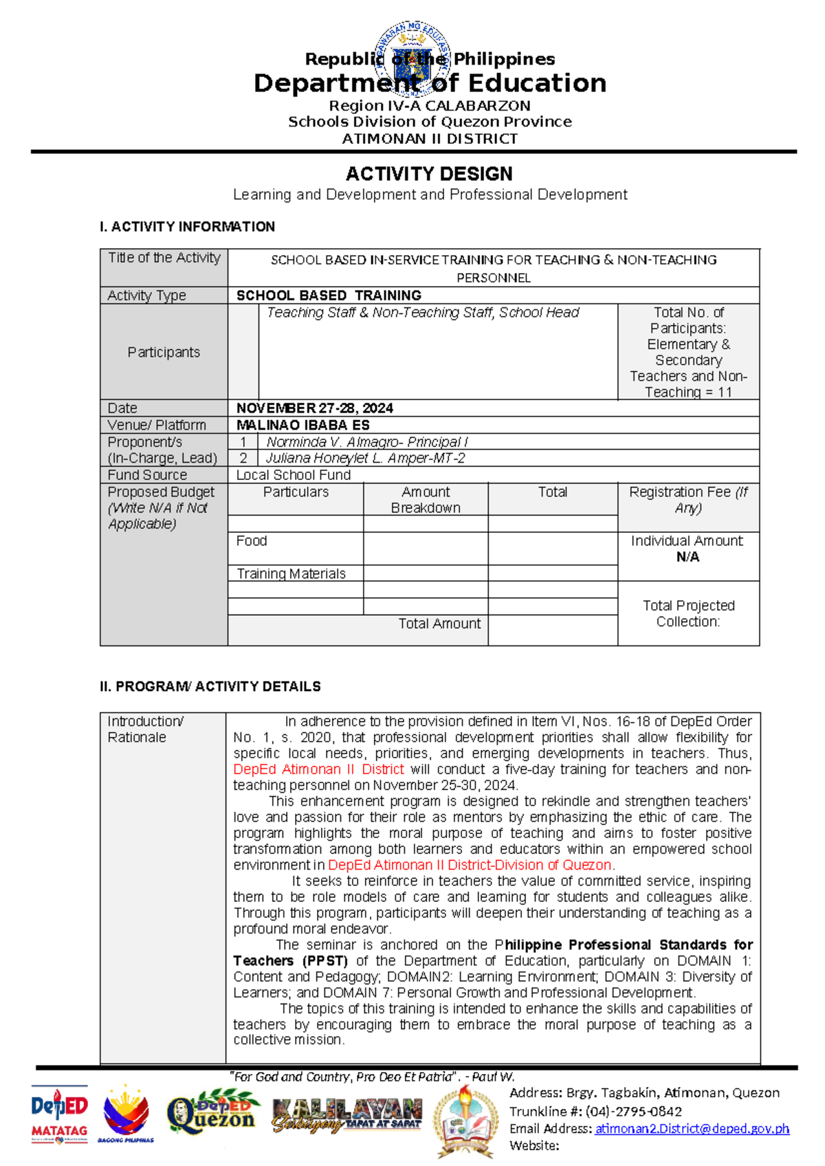MIES School Based Inset Design-2024-2025 - Address: Brgy. Tagbakin ...