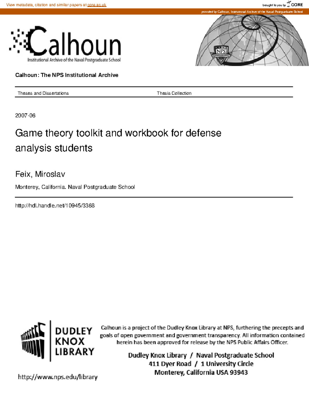 Game theory toolkit and workbook for defense - Calhoun: The NPS ...