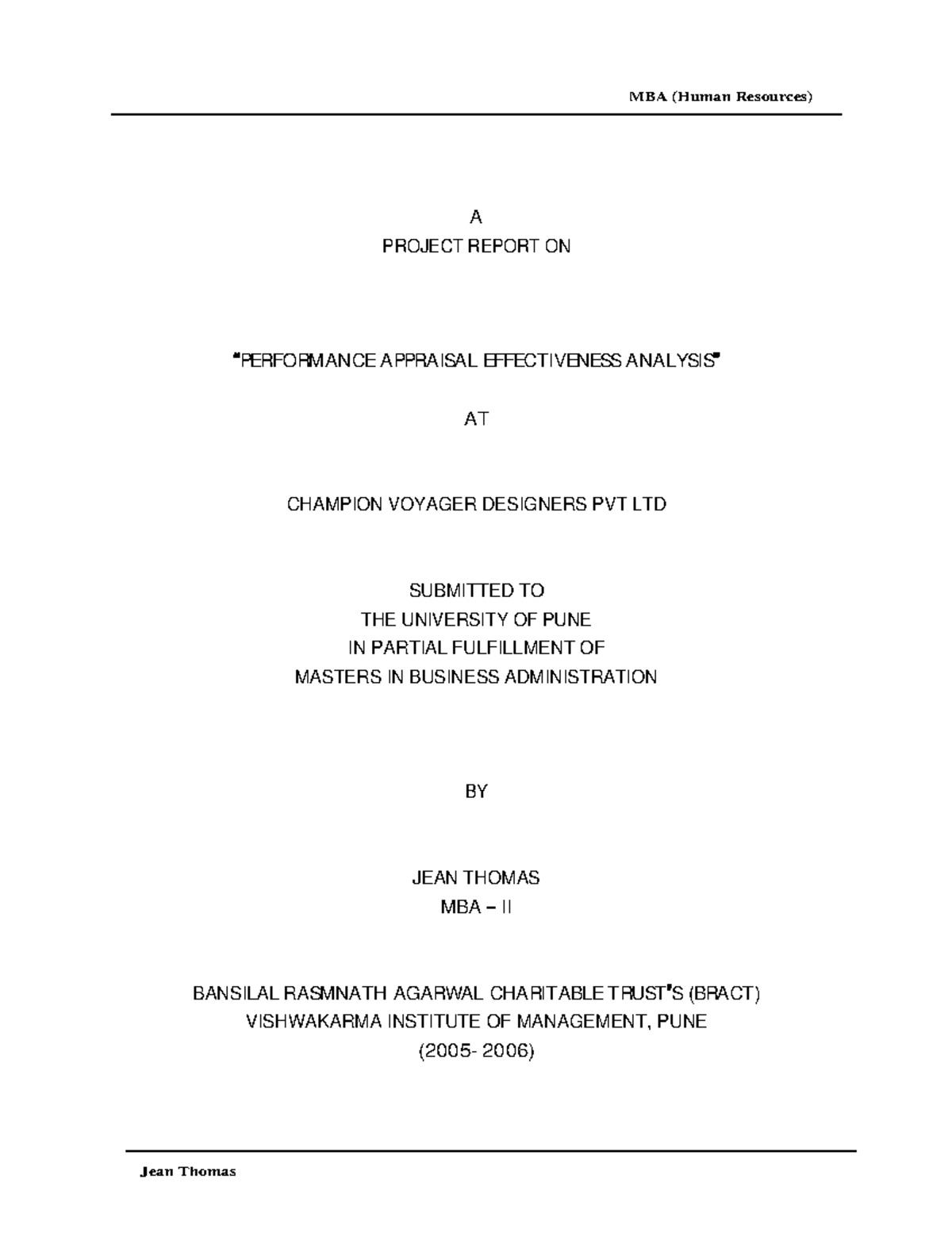 Project mba human resources - MBA (Human Resources) Jean Thomas A ...