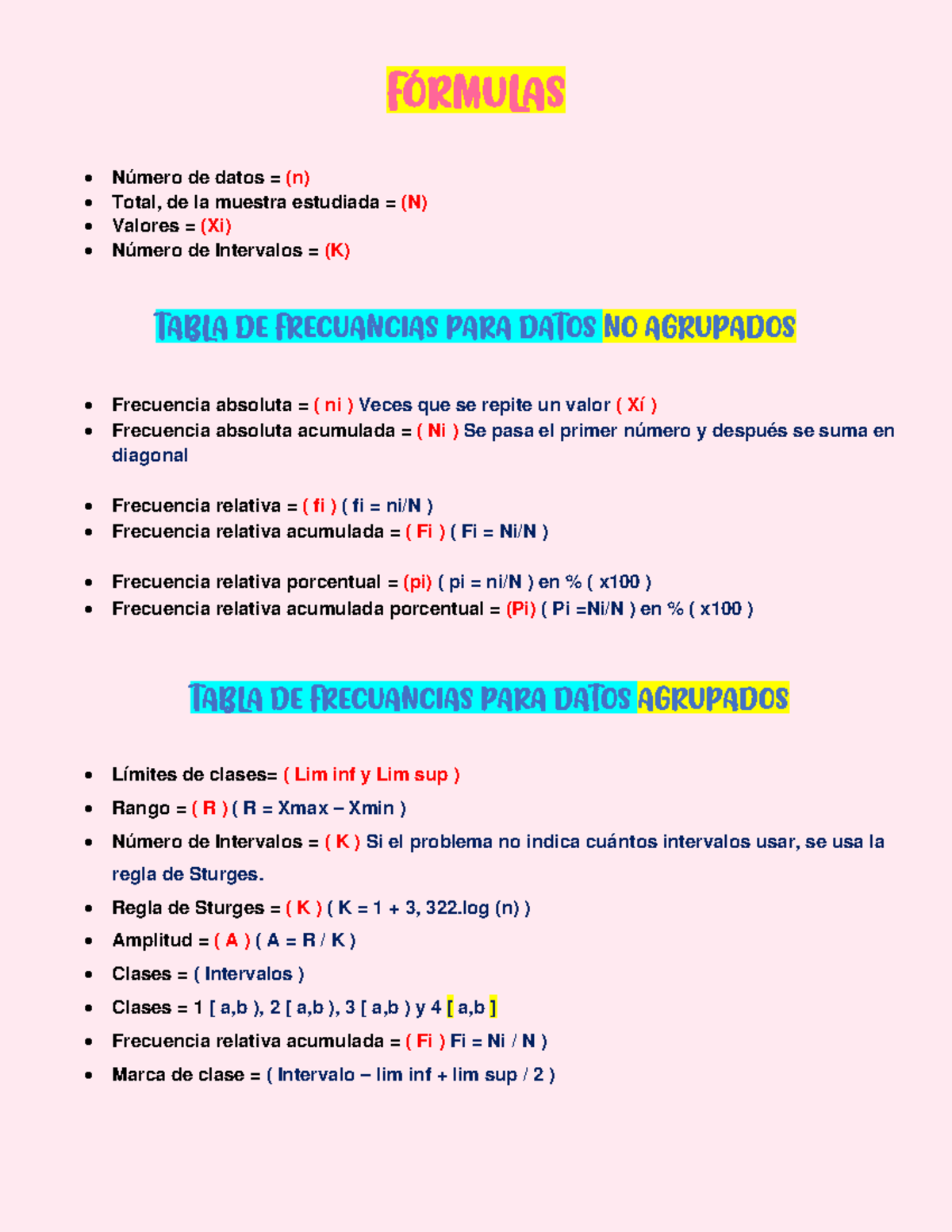 Formulas Estadística - FÓRMULAS Número de datos = (n) Total, de la ...
