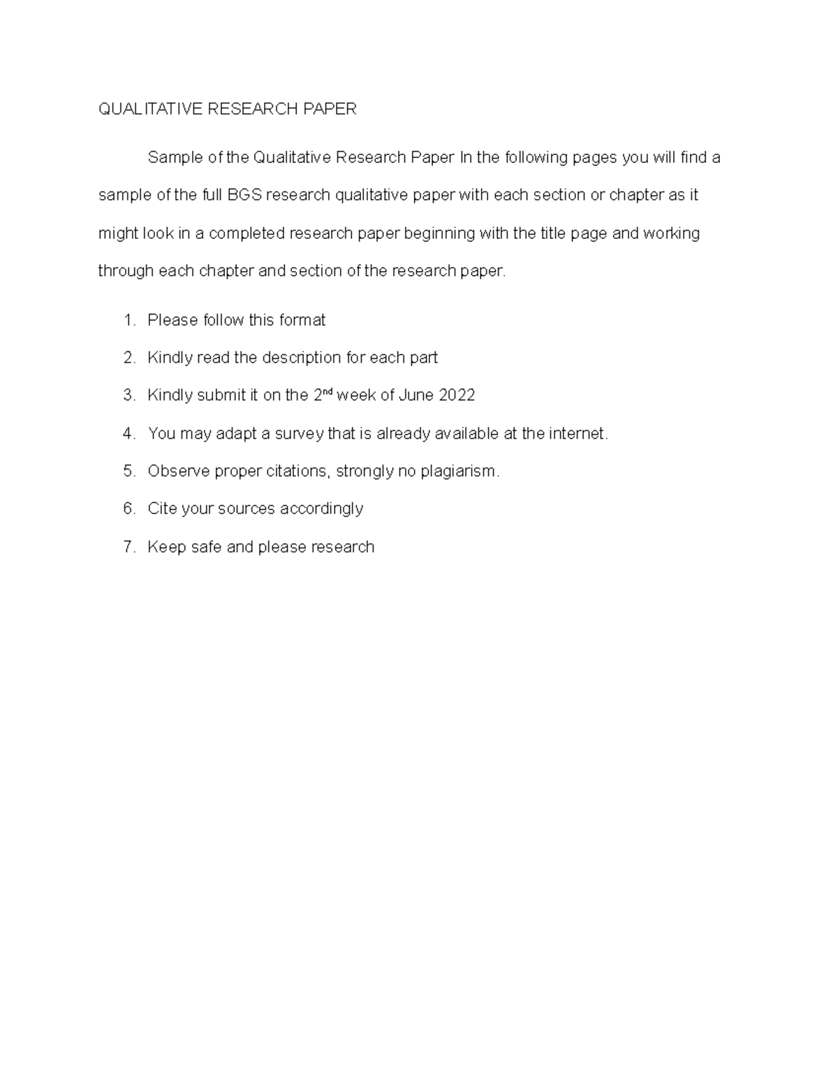 Qrppr 1- Format - okay - QUALITATIVE RESEARCH PAPER Sample of the ...