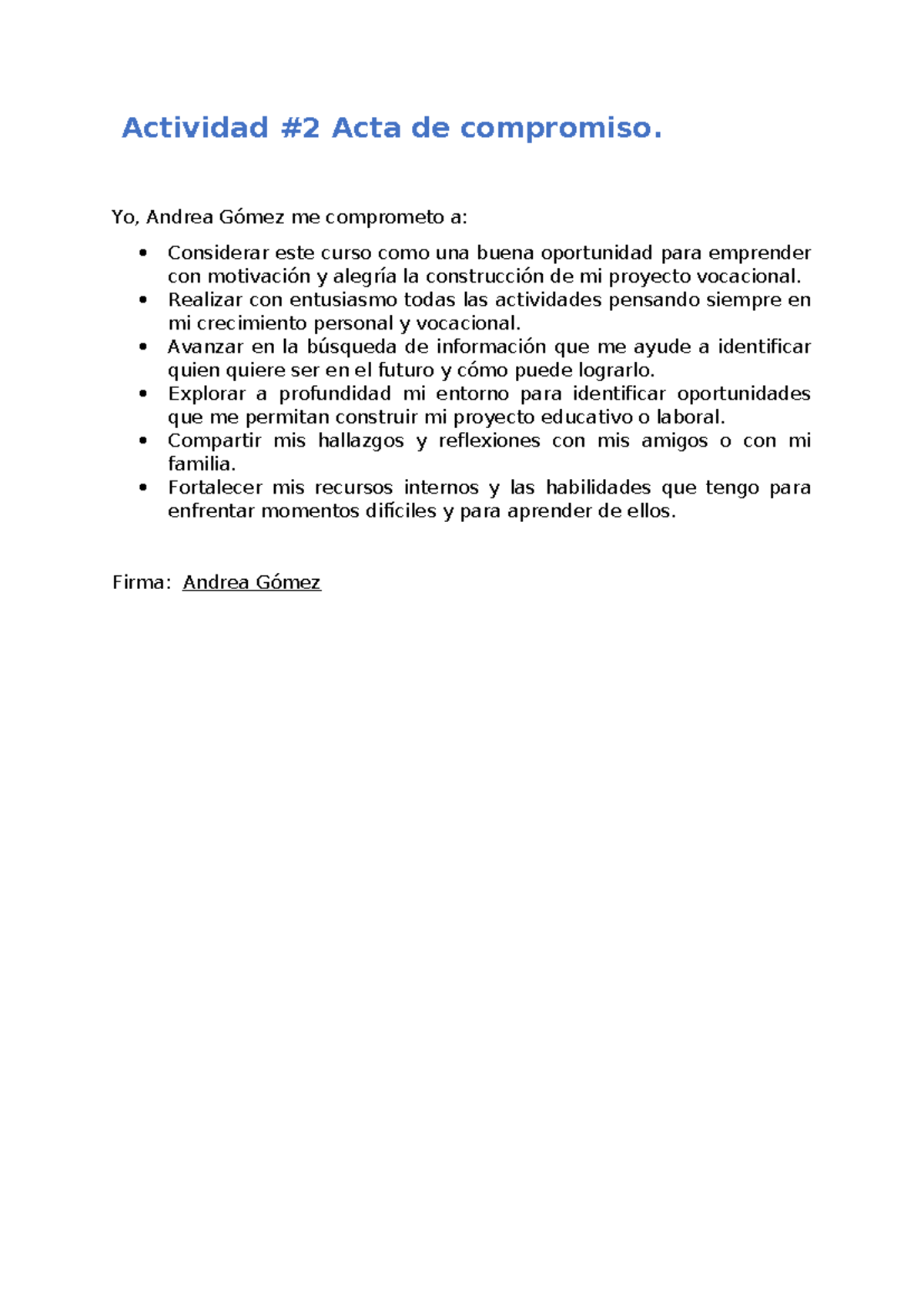 Acta de compromiso - acta - Actividad #2 Acta de compromiso. Yo, Andrea ...