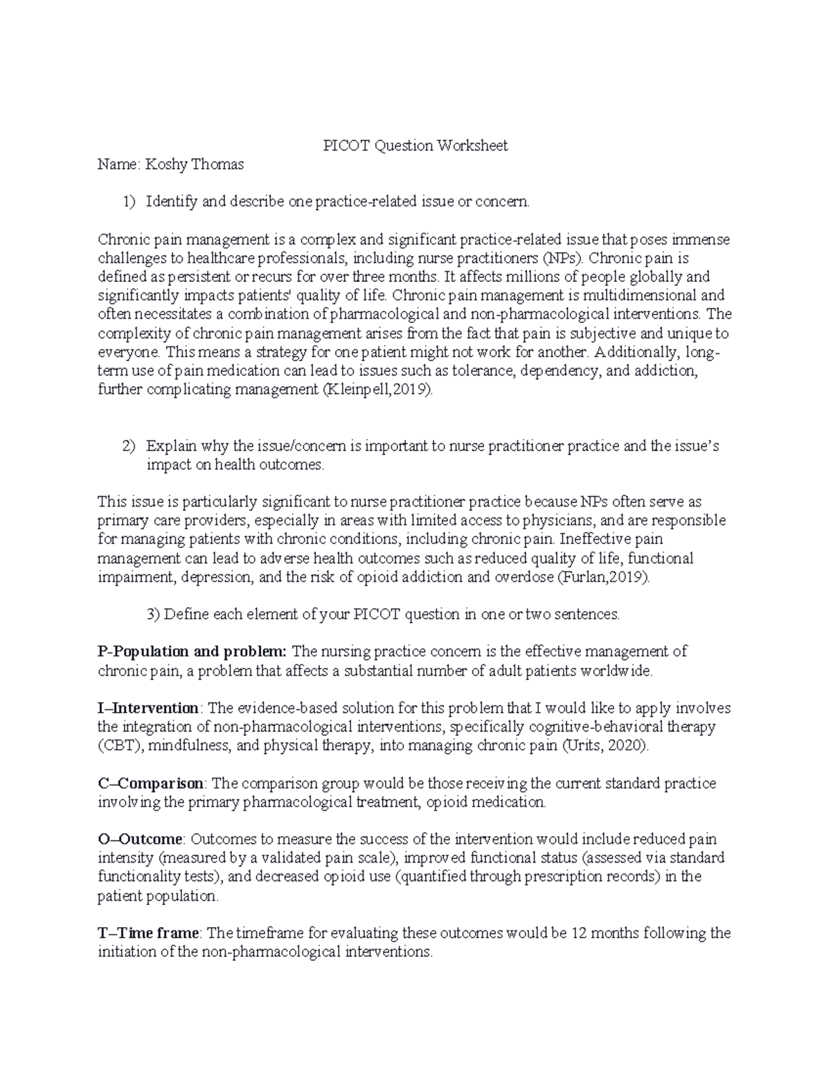 Picot Question Worksheet redo - PICOT Question Worksheet Name: Koshy ...