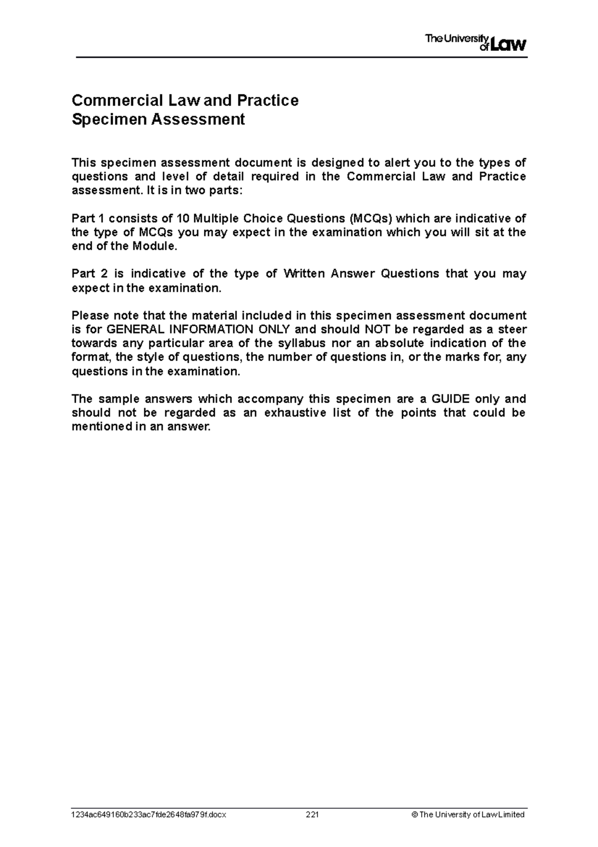 Commercial law specimen questions and answers - Commercial Law and ...