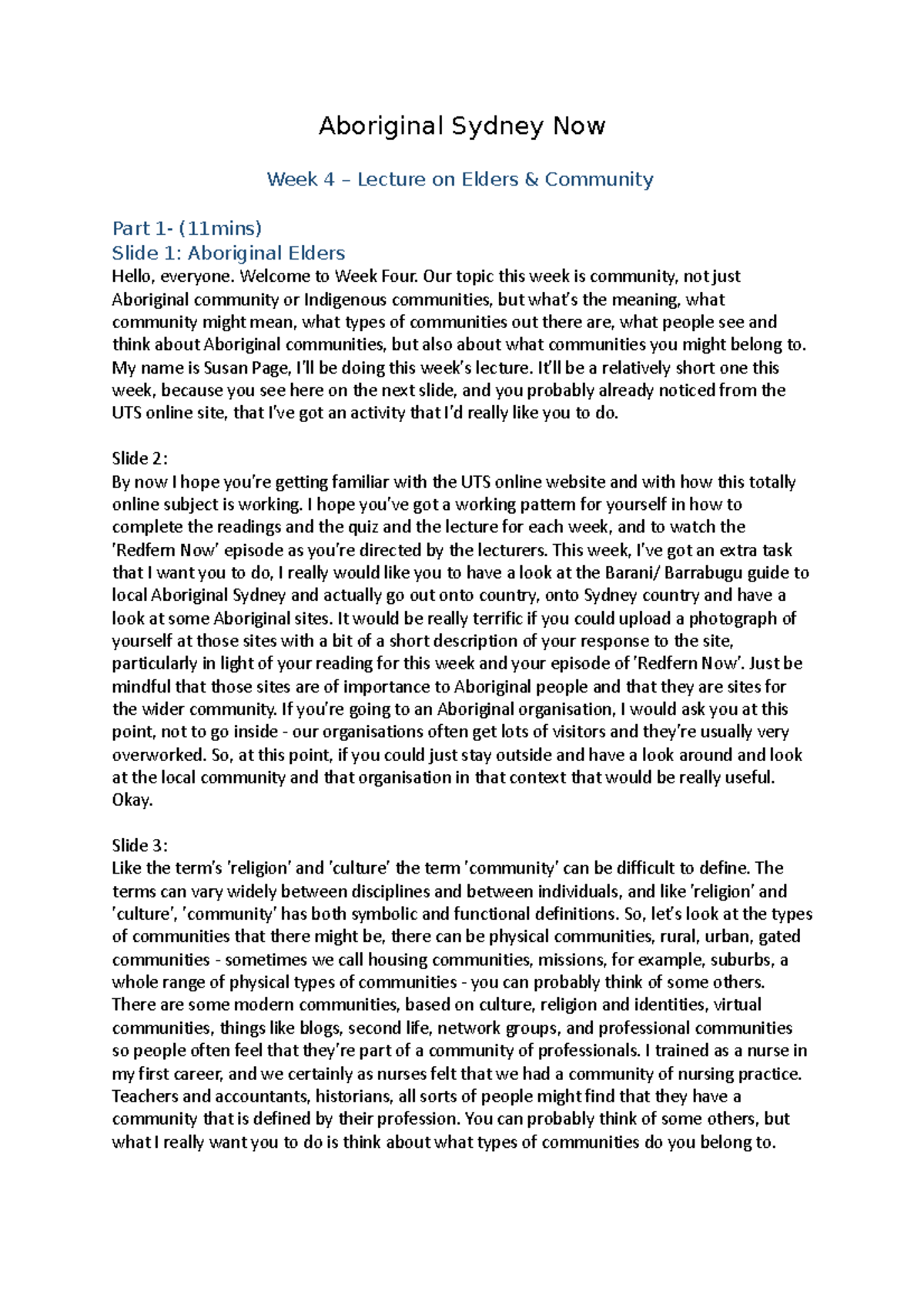 Week 4 - Elders and Community lecture transcript - Aboriginal Sydney ...