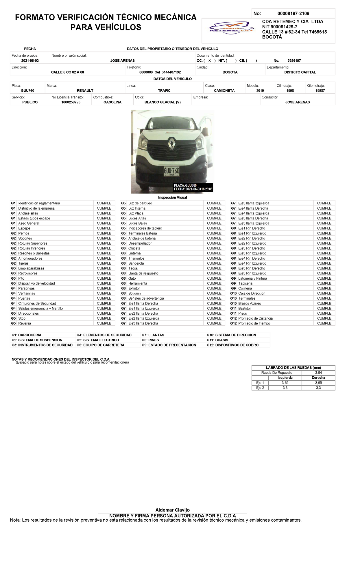 GUU760 - FORMATO VERIFICACIÓN TÉCNICO MECÁNICA No: PARA VEHÍCULOS ...