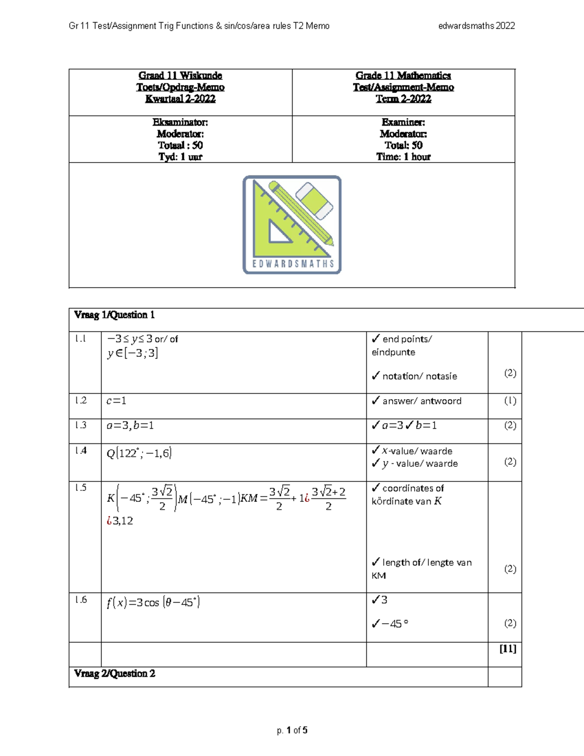 Gr 11 Edwardsmaths Test or Assignment Trig Functions & sin cos area ...