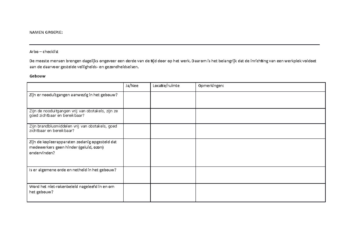 Arbo checklist - Zelf invullen - NAMEN GROEPJE: Arbo – checklist De ...