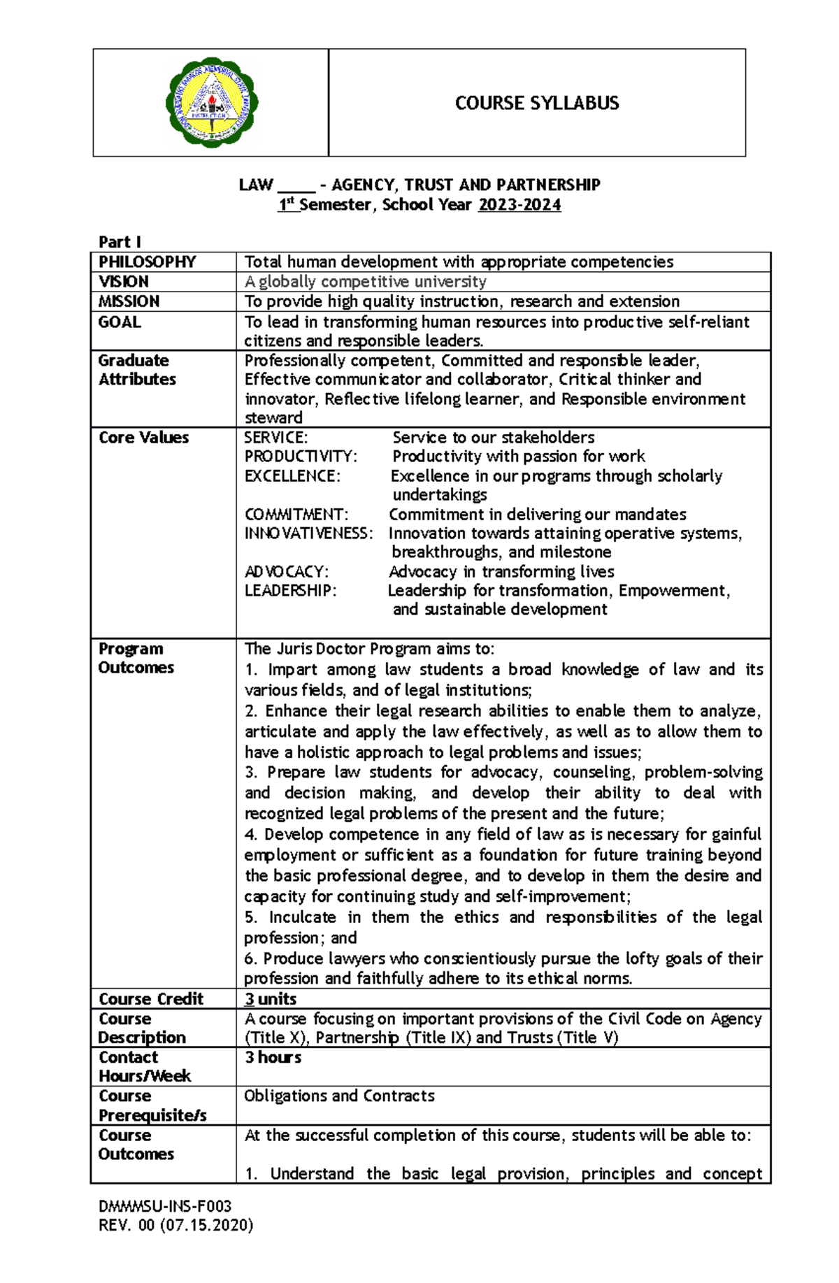 Course Syllabus-ATP - LAW ____ – AGENCY, TRUST AND PARTNERSHIP 1 st ...