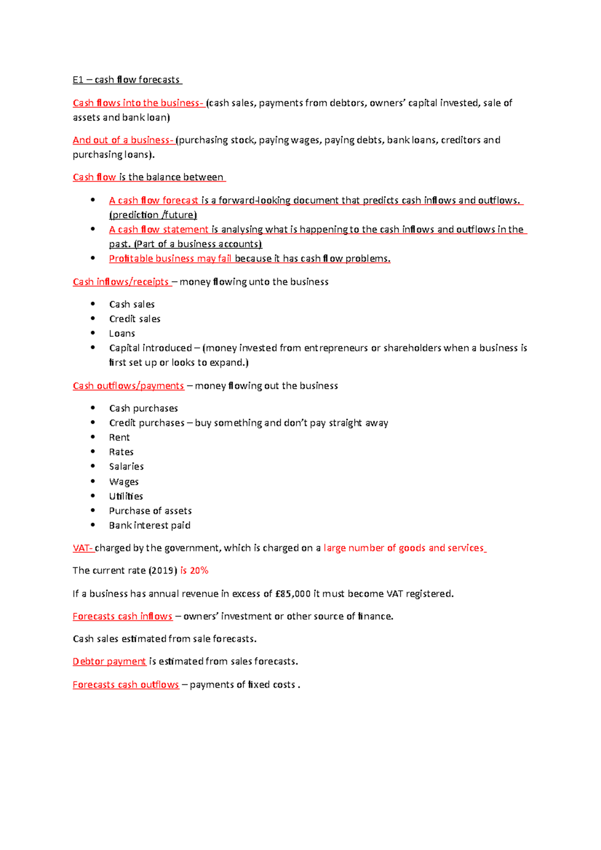 E1 - business - E1 – cash flow forecasts Cash flows into the business ...