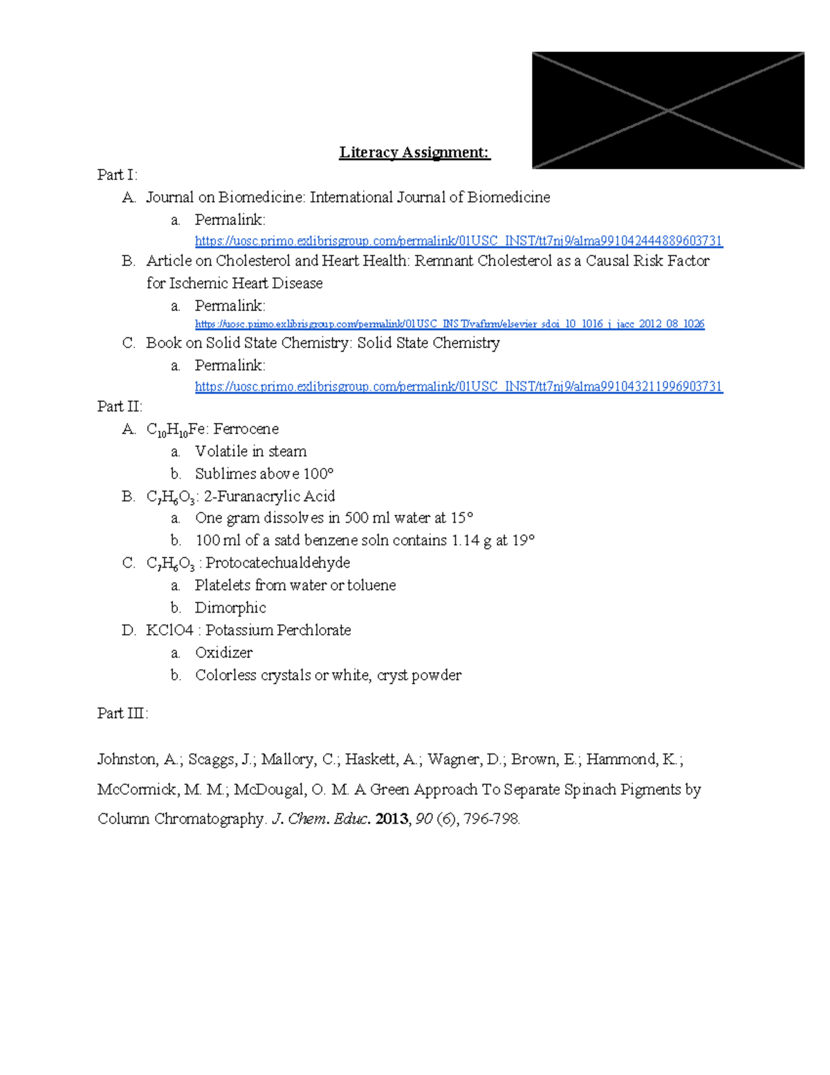 CHEM 105A Literacy Assignment - /LWHUDF\ $VVLJQPHQW 3DUW , $ - Studocu