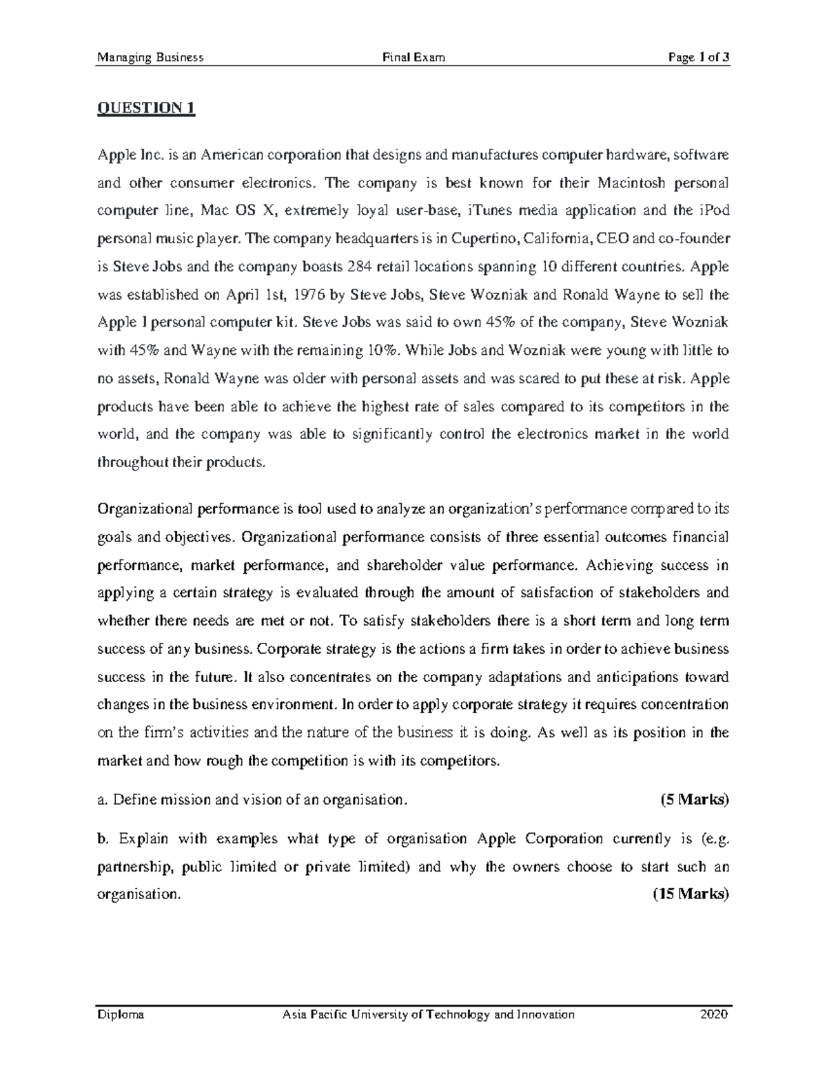 Sample paper final Assessment - Managing Business Final Exam Page 1 of ...