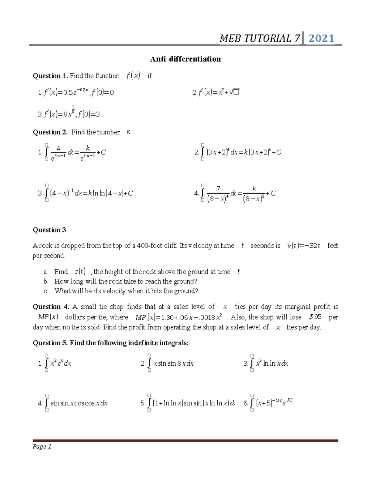 MEB 2021 TUT 7 ( no answer ) - Toan cao cap ung dung - Studocu